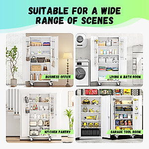 INTERGREAT 72" Metal Garage Storage Cabinet with Wheels, White Steel Locking Cabinet with 2 Adjustable Shelves and Doors, Rolling Metal Tool Cabinet for Home, Office, School, Garage