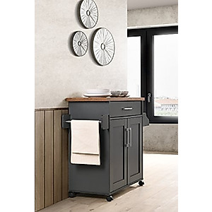 Hodedah Kitchen Island with Spice Rack, Towel Rack & Drawer, Grey with Oak Top