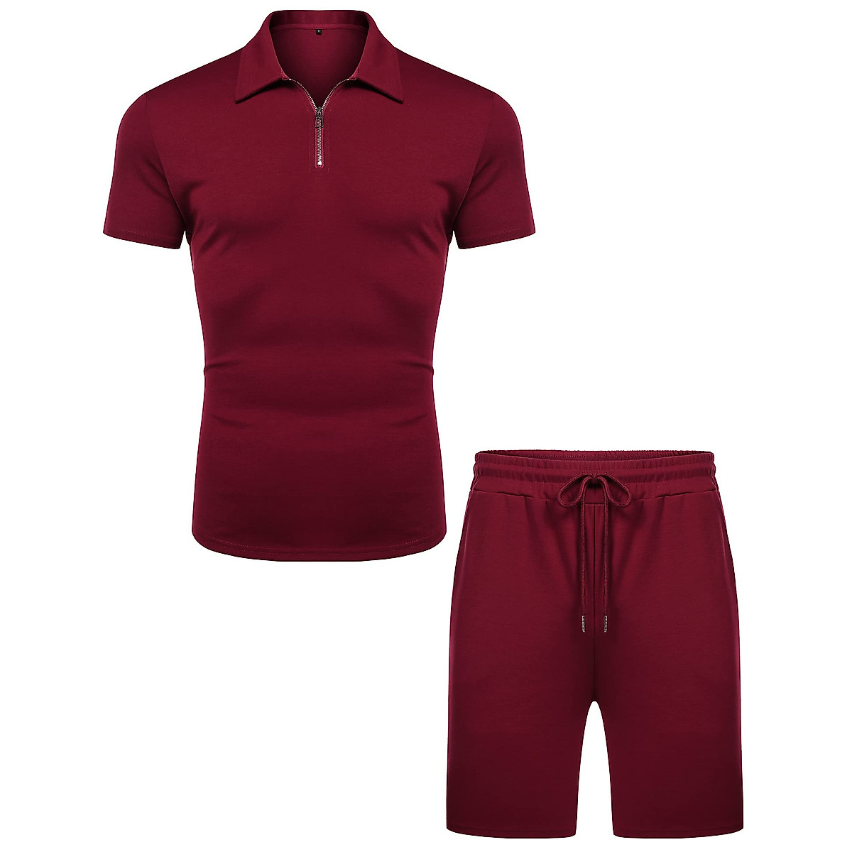 URRU Men's Classic Short Sleeve Polo Shirt Sets Zipper Casual Slim Fit Cotton Tracksuit Wine Red M