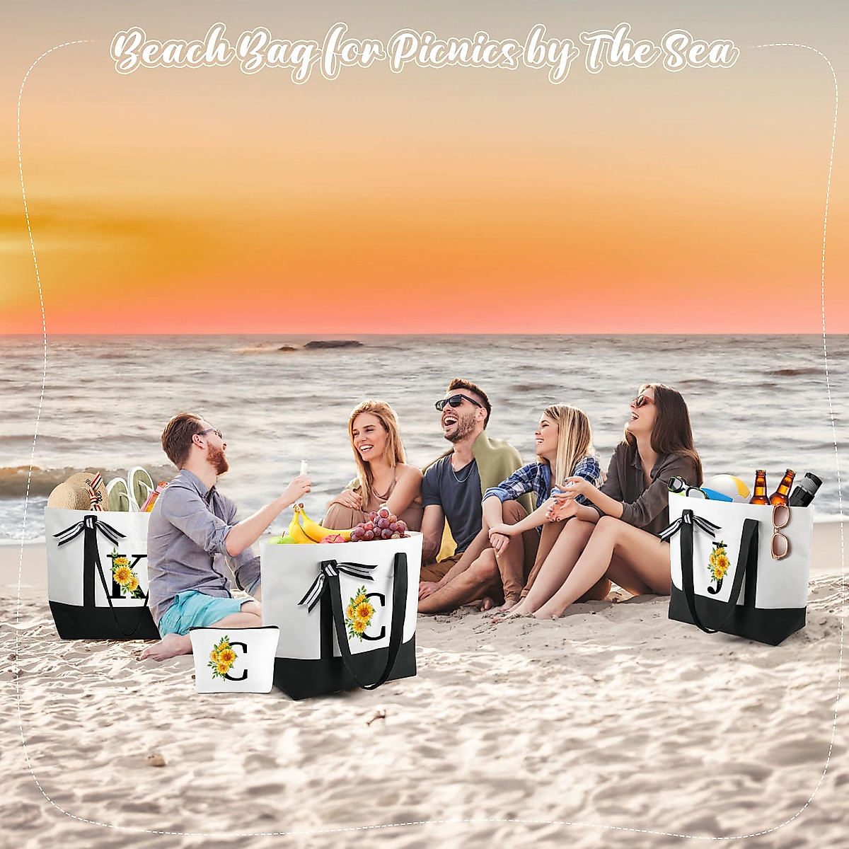 TRSODD Womens Christmas Gifts, Ini-tial Tote Bag for Women w Makeup Bag, Personalized Sunflower Gifts, 50th Birthday Grandma Mom Bride Sister Gifts, Mono-gram Beach Bag w Inner Pocket Card Gift Box M