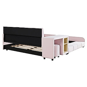 Merax Full Size Upholstered Grounded Bed, Mother & Child Bed with Bedside Desk and Little Round Stool, Velvet, Pink