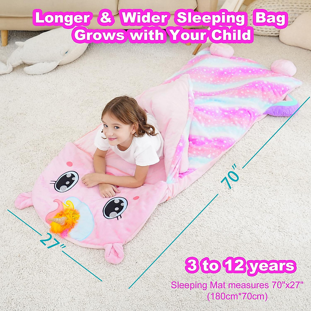Kid Sleeping Bag with Pillow - Larger Toddler Nap Mat - Plush Unicorn Slumber Bag for Boys Girls Daycare Preschool Kindergarten Birthday Gift Travel Sleepover Ages 3-12 Years