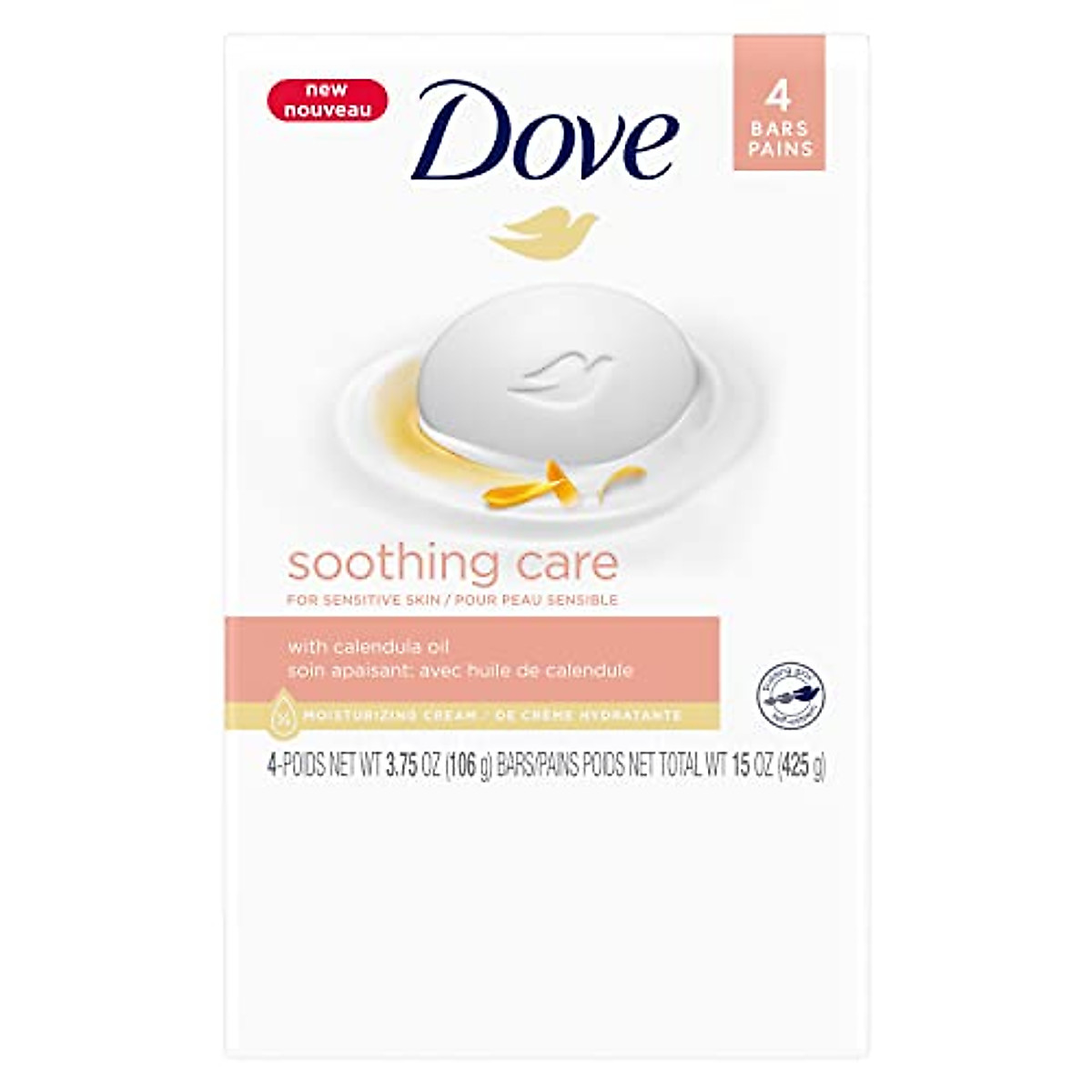 Dove Moisturizing Beauty Bar Soap For Sensitive Skin with Calendula Oil Effectively Washes Away Bacteria, Hydrating and Replenishing Skin Care 3.75 oz 14 Bars