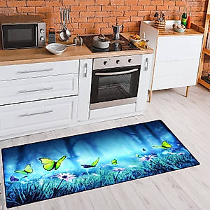 Fairy Butterflies in Mystic Forest Kitchen Rug Non-Slip Kitchen Mats Blue Bath Runner Doormats Area Mat Rugs Carpet for Home Decor 39" X 20"