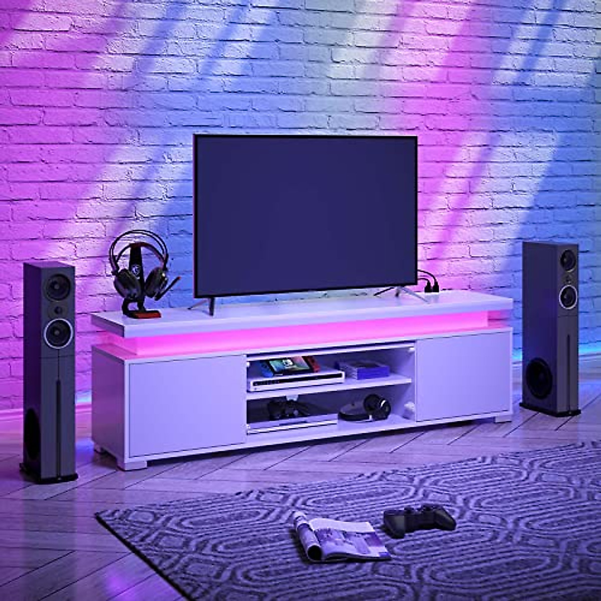 Rolanstar TV Stand with LED Lights & Power Outlet, Modern Entertainment Center for 32/43/50/55/65 Inchs TVs, TV Table, Universal Gaming LED TV Media stand with Storage Cabinet and Large Storage, White