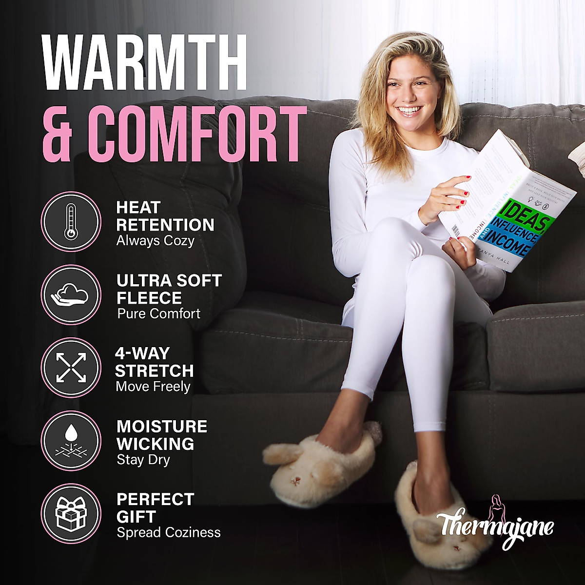 Thermajane Long Johns Thermal Underwear for Women Fleece Lined Base Layer Pajama Set Cold Weather (Large, Pink)