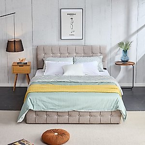 GINGVAT Queen Size Upholstered Platform Bed Frame with Lights and Height Adjustable Headboard, Fashion Square Stitched Button Tech Cloth, Modern Bedroom Furniture, Beige