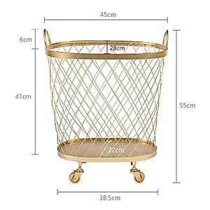 QQXX 360 Laundry Hamper with Wheels,Round Mesh Metal Rolling -Iron Scandinavian ins Bathroom Dirty Clothes Basket Toy Storage Frame, Gold, (1671979), 55x45x38.5cm(21.65x17.7x15.15inch)