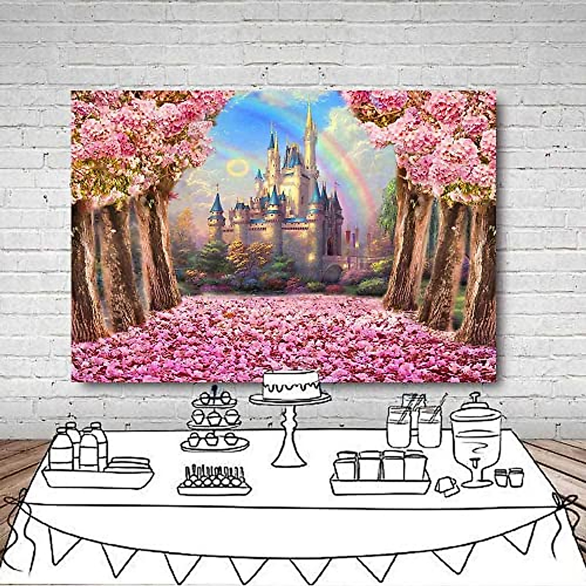 Castle Backdrop 7x5ft Spring Pink Sakura Flowers Washable Polyester Photography Background Wedding Birthday Party Princess Photo Studio Props YL058