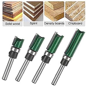 TOTOWOOD Top Bearing Flush Trim Router Bit ， 4 Pcs Pattern Flush Trim Router Bit Set，1/4 Inch Shank，Cutting Height in 15/32”, 3/4”, 1”, 1-1/2”,Flush Trim Cut Router Bits (Pattern Flush Trim)