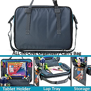 KeolaKids Kids Car and Booster Seat Travel Tray Organizer with Detachable Top, Lap Tray, Updated Headrest Straps, Zippered Storage, Tablet holder with Charger Openings (Blue)