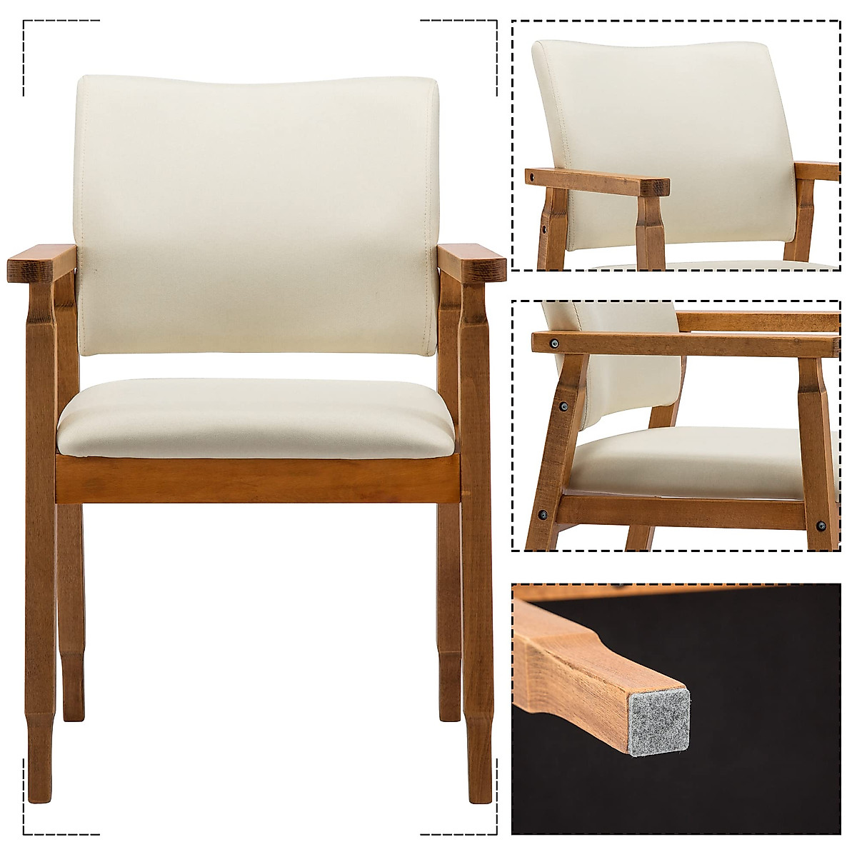 thksbought Mid Century Modern Walnut Dining Chairs Wood Arm Beige Fabric Kitchen Cafe Living Room Decor Furniture