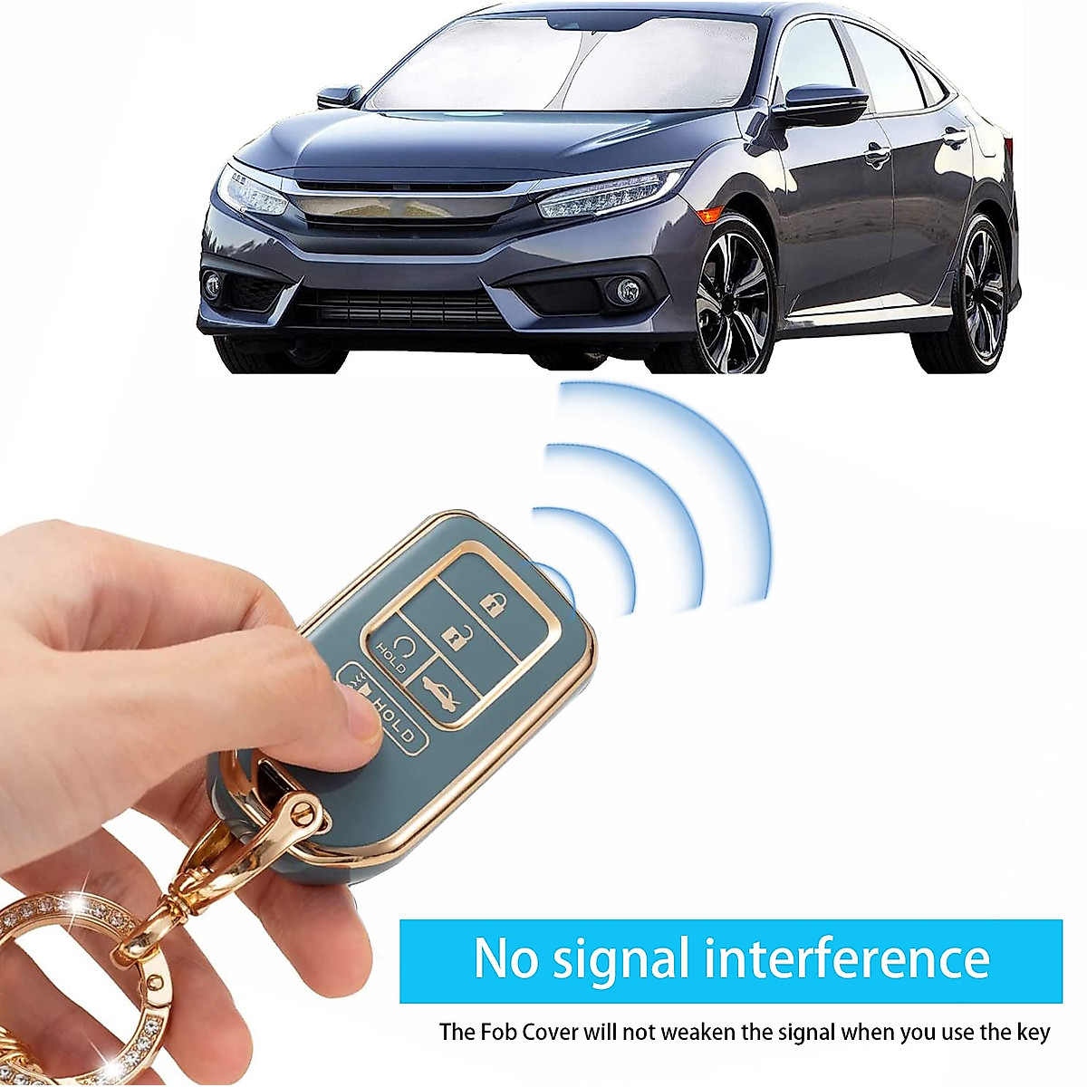 WSAuto for Honda Key Fob Cover Soft 4 5 Buttons TPU Protection Key Case Shell with Fashion Gold Bling Keychain Compatible with Civic Accord Pilot CRV HRV CRZ Fit Odyssey Ridgeline JED Crosstour Black