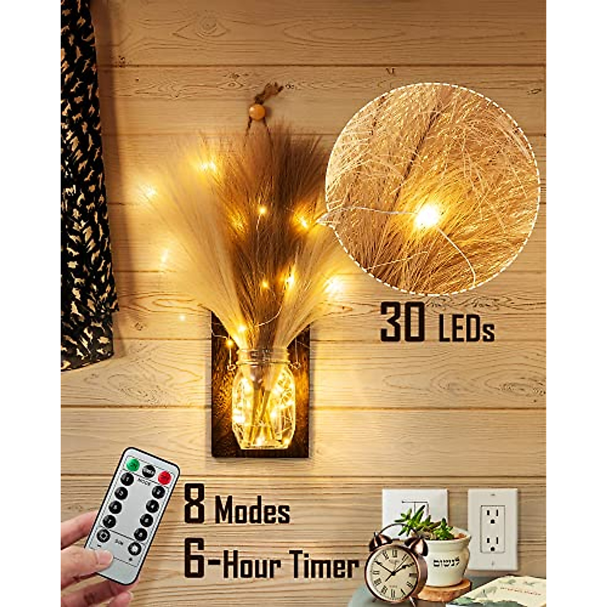 Mason Jar Wall Decor with LED Lights, JACKYLED Rustic Mason Jar Sconces with 12 PCS Faux Pampas Grass, Wall Art Decor for Boho Home Decor, Farmhouse, Bedroom, Kitchen, Living Room Hallway Decorative