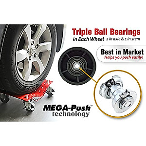4 Tire Car Wheel Dolly Heavy Duty MEGA-Push Skates Triple Ball Bearings with Brakes 6000 lb Capacity Red