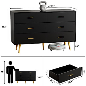 JOZZBY Dresser for Bedroom with 6 Drawers, Black Wooden Dresser with Golden Handles, Modern Chests of Drawer Storage Organizer for Hallway, Entryway