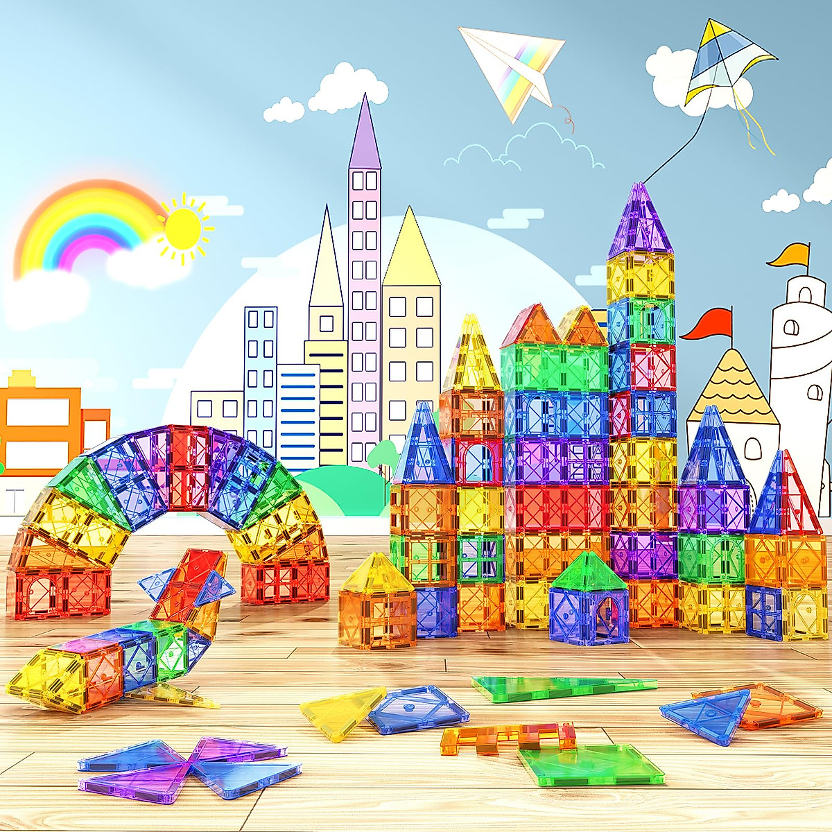 Huge Pack 180PCS Magnetic Tiles Set Magnet Toys with Ferris Wheel and Cars - Magnetic Blocks STEM Learning Building Construction Toddler Kids Toys for 3+ Year Old Boys and Girls