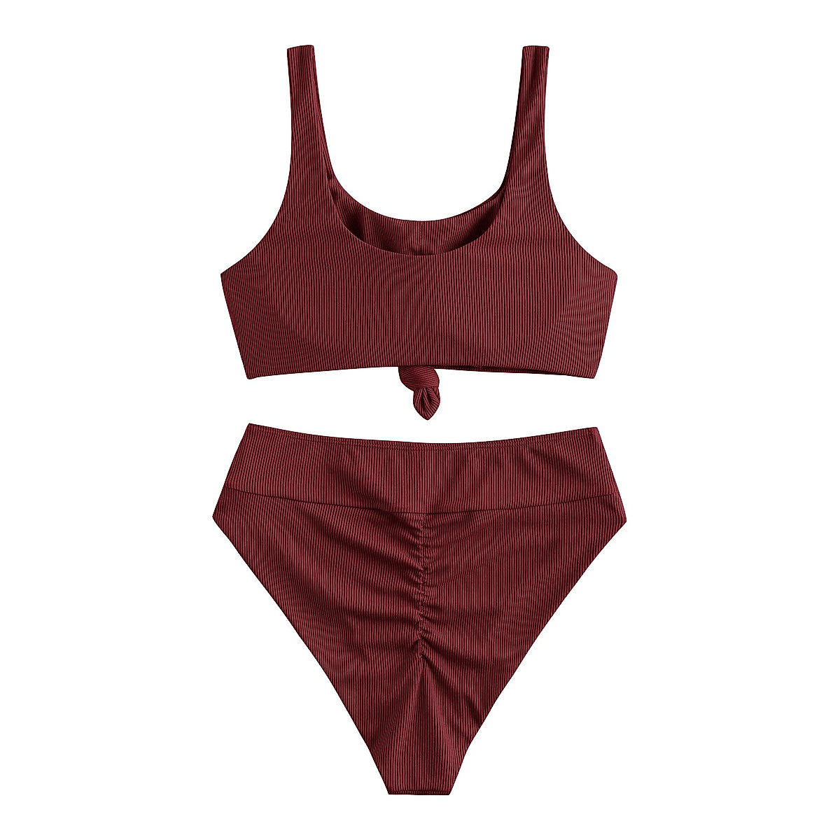ZAFUL Women Bikini Swimsuit Chest Kink Tank Top Tummy Control High Waisted Two Piece Bathing Suits Wine Red S