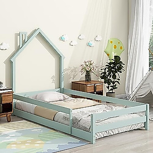 SIYSNKSI Twin Size Platform Bed, Wooden Platform Bed Frame with House-Shaped Headboard, Floor Bed with Fences for Kids Boys Girls Bedroom, Easy Assembly (Light Green + Pine 04)