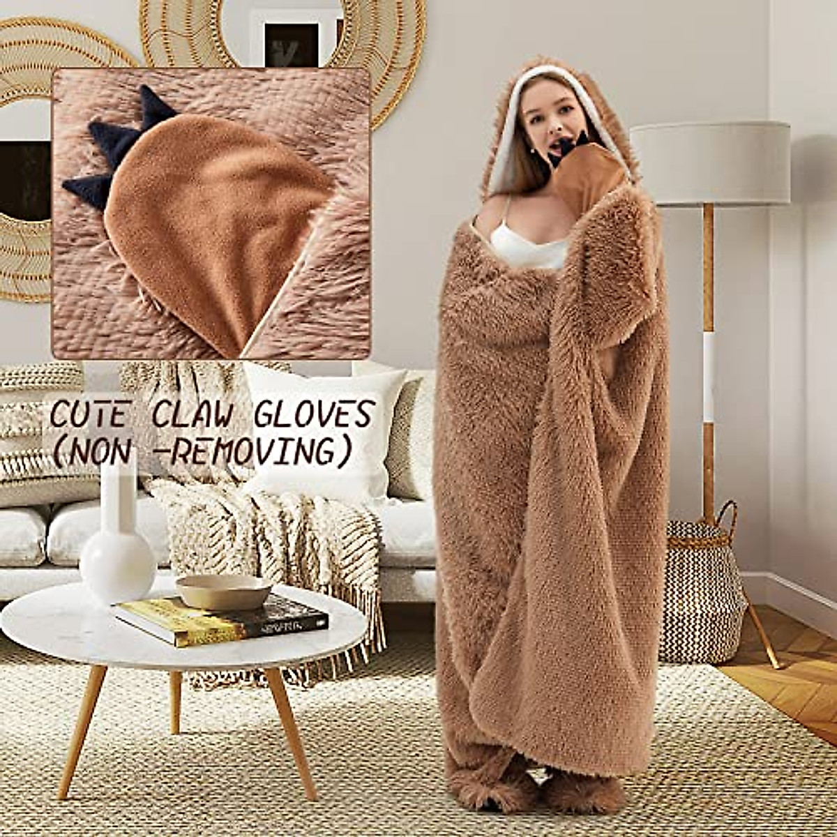Sloth Blanket Hoodie Wearable Blanket Warm Sherpa Fleece and Soft Faux Fleece Fabric with Gloves and Plush Slipper Sock Throw Cloak blankets for Adults and Kids