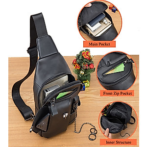 BULLCAPTAIN Genuine Leather Sling Bag for Men Crossbody with Cellphone Stand Chain Chest Shoulder Backpack Daypack XB-520 (Black)