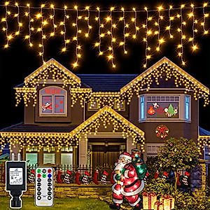 Ollny Icicle Lights Outdoor Warm White, 720LED 60FT Christmas Lights with Remote 8 Modes IP44 Waterproof, Dimmable Connectable Timer Hanging Lights for House Outside Yard Indoor Decorations