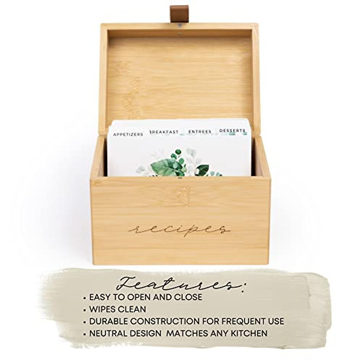 Pera Blanca Recipe Box with Cards and Dividers | Recipe Card Box Faux Leather Handle | 50 Eucalyptus Patterned Recipe Cards and Box Set | Wooden Recipe Box | Housewarming Gifts | Wood Recipe Box 4x6