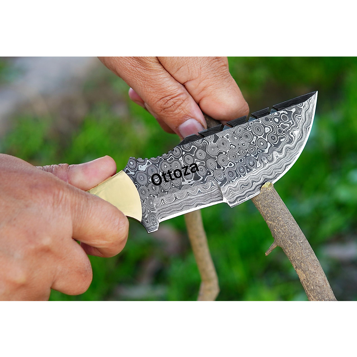 Ottoza Tracker Knife & Wood Handle - Damascus Hunting Knife - Horizontal Carry Knife Sheath 89