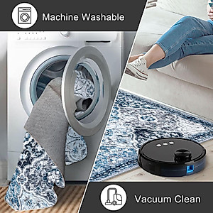 KILOCOCO 5x7 Area Rug, Moroccan Washable Living Room Rug, Vintage Rug Non-Slip, Large Print Faux Wool Throw Rug Indoor Kitchen Rug for Entryway Bedroom Office Carpet, Blue/Multi