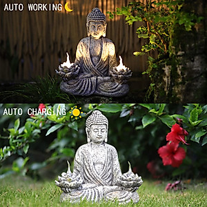 NC Buddha Statue Zen Sculpture, Yoga Garden Decor with LED Solar Flowers Lights, Sitting Meditating Buddha Serene Decorative Figurinefor Patio Yard Lawn Ornaments, Backyard,Inside or Outside
