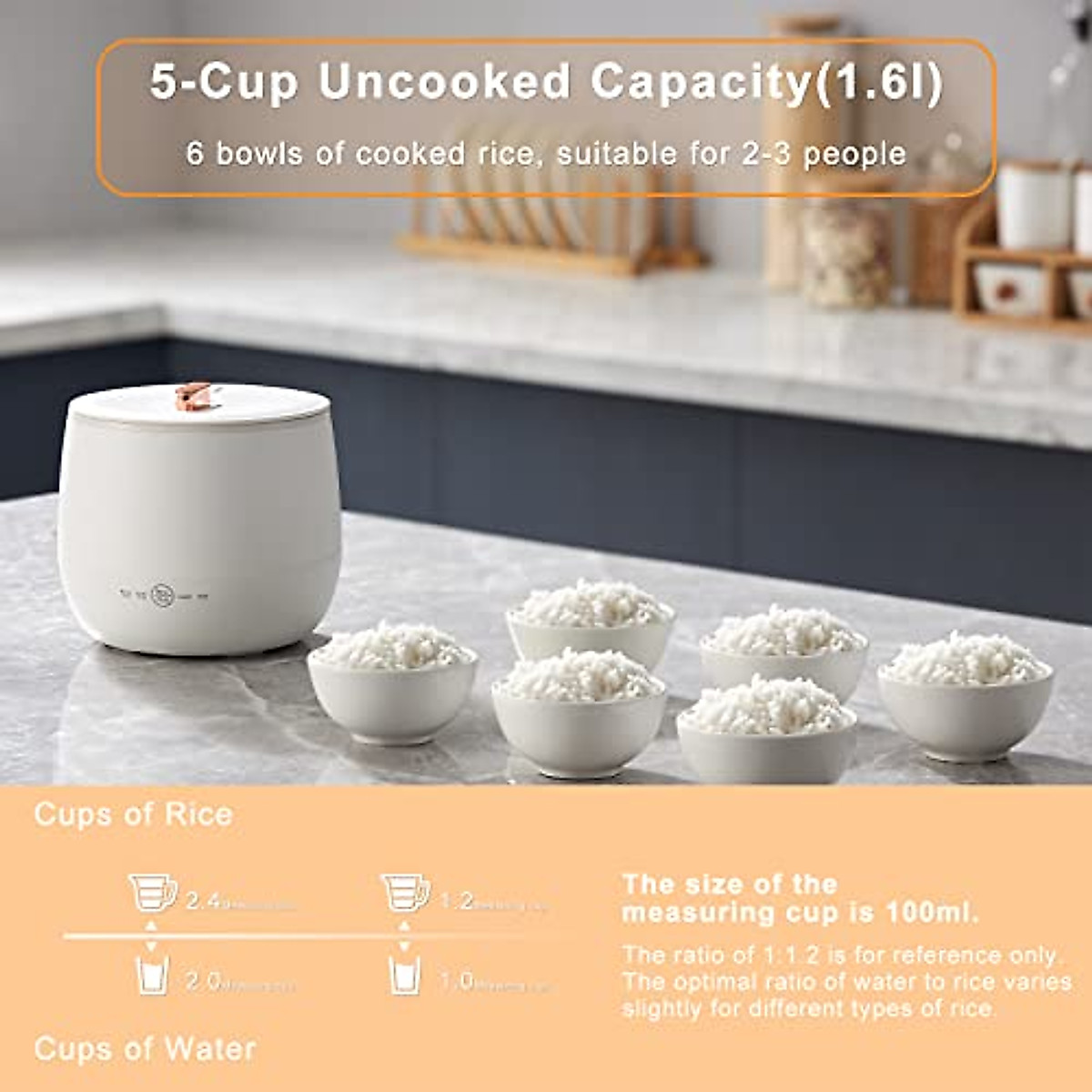 1.6L Mini Rice Cooker, 5 Cups Uncooked Travel Rice Cooker, Suitable for 1-2 people, Multi-cooker for White Rice, Brown Rice, Congee and Soup
