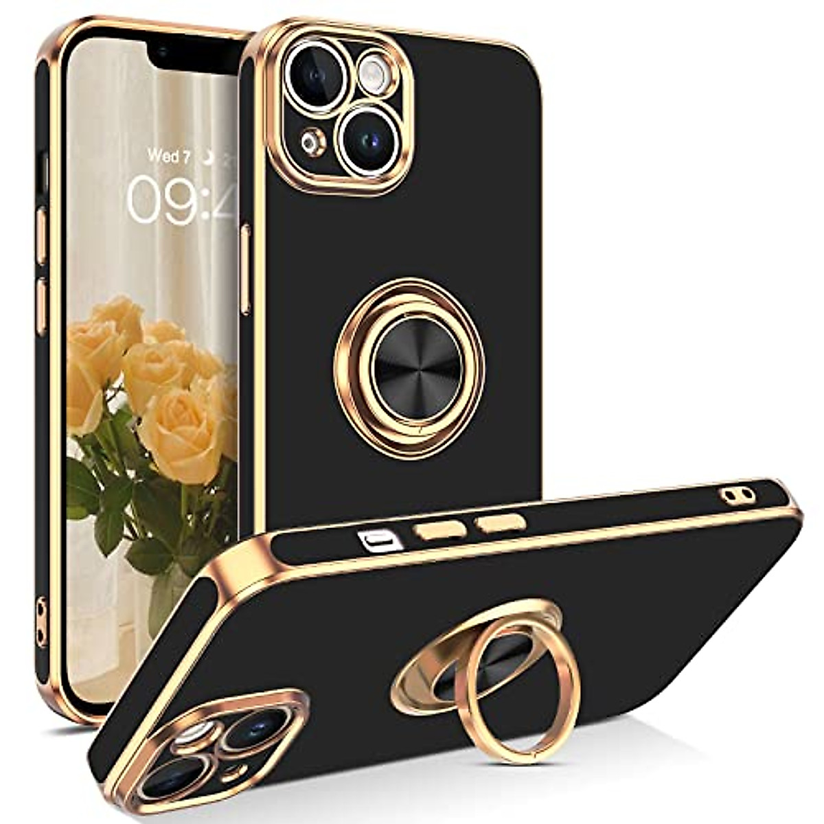 VENINGO iPhone 14 Case,Phone Cases for iPhone 14,Slim Fit Soft 360° Ring Holder Kickstand Magnetic Car Mount Supported Easy Clean Shockproof Protective Cover for Apple iPhone 14 6.1" 2022,Black/Golden