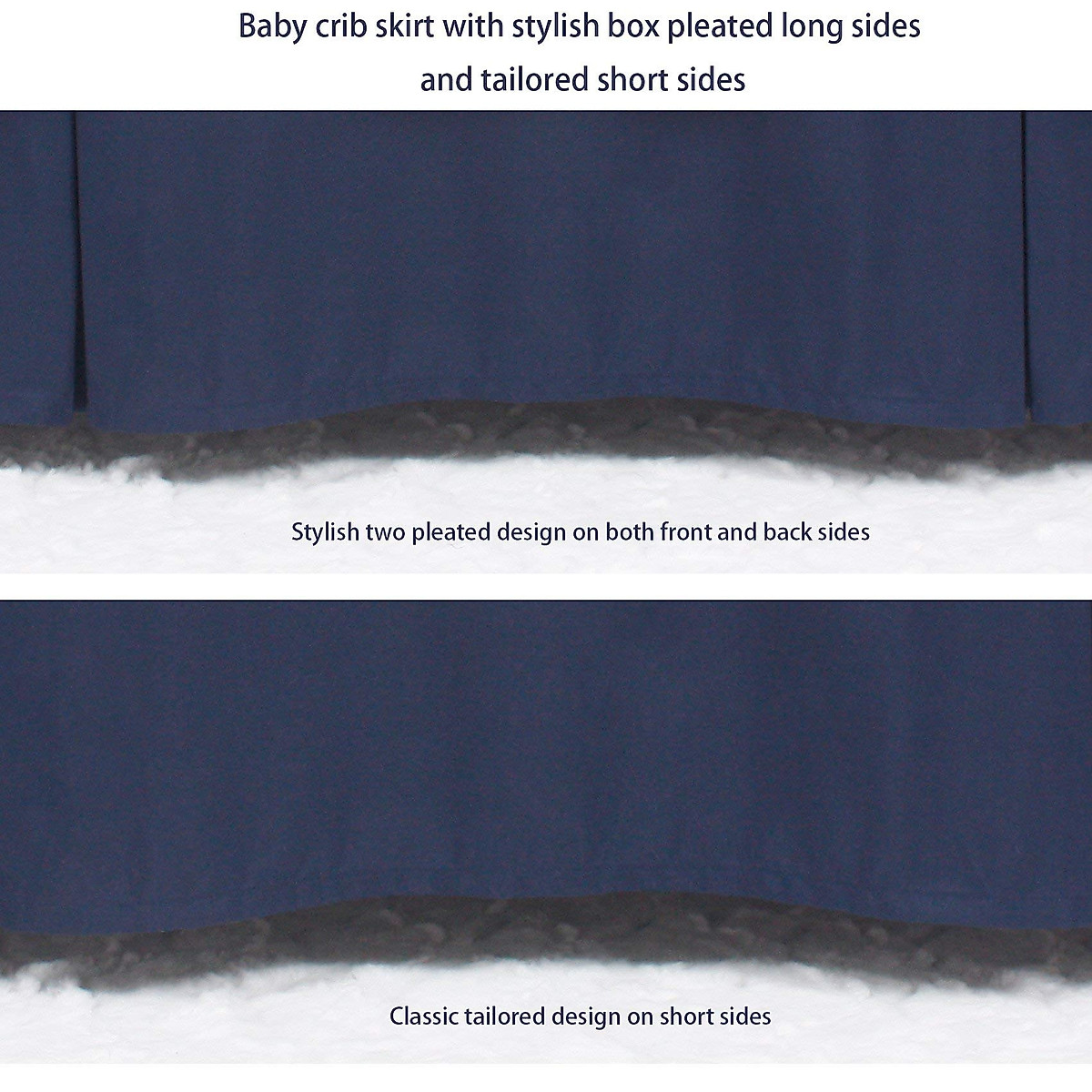 CaSaJa Classic Microfiber Crib Skirt with 2 Sides Pleated, Soft Breathable Dust Ruffle Fits Standard Crib and Toddler Bed, Navy Blue Color for Boys, 14 inches Drop, Navy