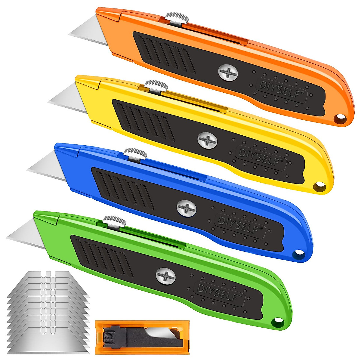 DIYSELF 4 Pack Box Cutters Utility Knives, Retractable Box Cutter Box Knife with 10 Utility Blades, Box Package Opener, Razor Knife Utility Heavy Duty for Cardboard, Carpet, Paper, Box Cutter Knife