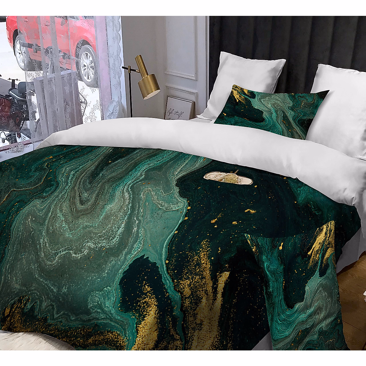 TOPTREE Green Marble Duvet Cover King - Soft Emerald Green Bedding Set with Gold Powder Print Pattern 3piece Forest Green Marble Bed Set for Women Adults (King, Agate Ripple)