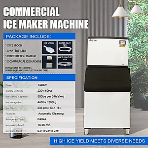 HPDAVV Commercial Ice Maker Machine 500lbs/24H 220V 440lbs Ice Storage Capacity Automatic Cleaning Ice Machine Professional Refrigeration Equipment