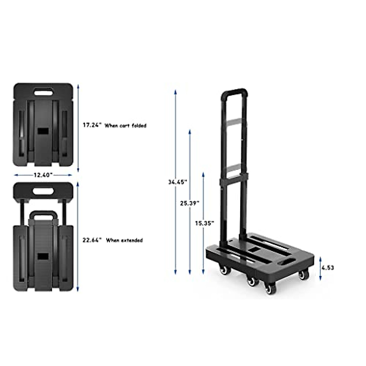 Mount Plus A3 Folding Hand Truck, 6 Wheels Fold Up Hand Cart with 2 Elastic Ropes, Portable 500lbs Capacity Heavy Duty Luggage Cart, Utility Dolly Platform Cart for Car, House and Office