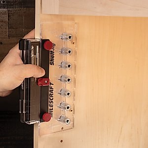 Milescraft 1343 Shelf Jig – Create ¼ in. and 5mm Shelf Pin Holes for Cabinets. Standard 32mm Spacing. Shelf Pin Jig includes Two Drill Bits