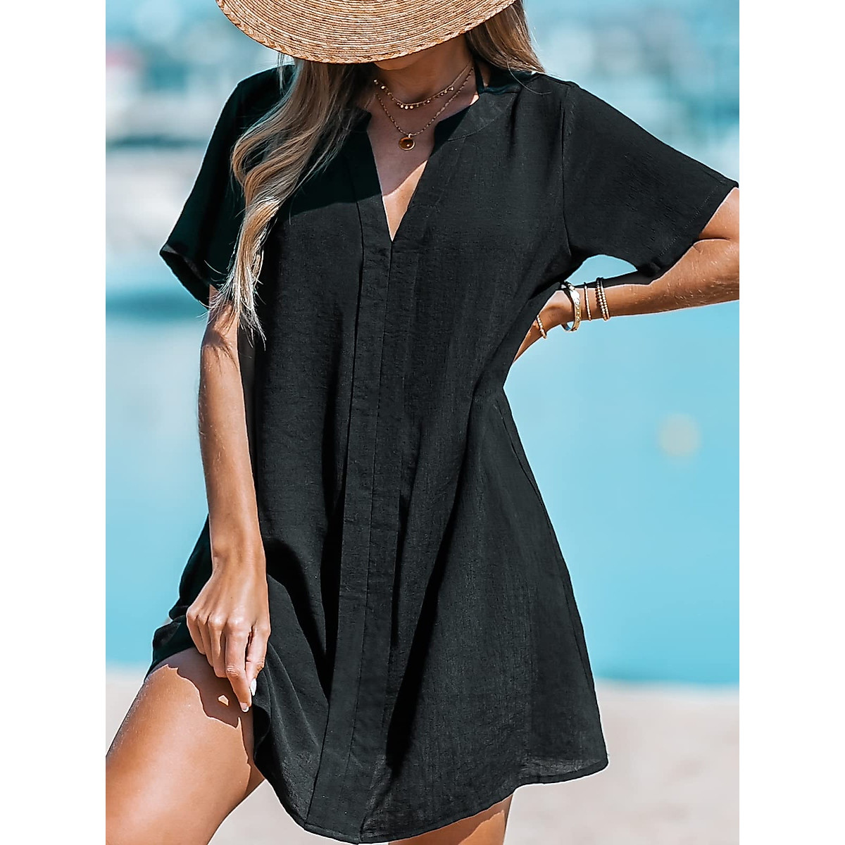 CUPSHE Women's V Neck Cover Up Dress Short Sleeve Semi-Sheer Beach Mini Dress Black