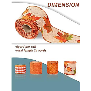 Wlflash 4 Rolls 24 Yards Fall Burlap Ribbon Wrap Orange Burlap Leaf Mesh Linen Wired Edge Harvest Pumpkin Wreath Autumn Thanksgiving Supplies Gift Bows Craft Wrapping Ribbon decoration (4 Rolls, Fall)