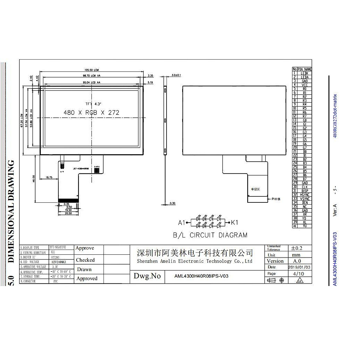 SANZAMELIN 4.3 inch TFT LCD Display IPS Model 480x272 Resolution RGB Interface with resistive Touch Screen