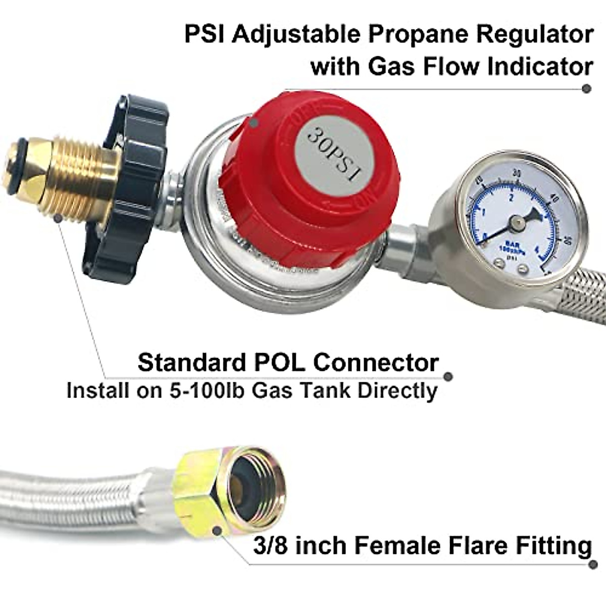 NQN 12 Foot 0-30 PSI High Pressure Adjustable Propane Regulator with Gauge 0~60PSI Gas Flow Indicator, Gas Cooker 3/8inch Female Flare Fitting, Stainless Steel Braided Hose and Gas Grill LP Regulator
