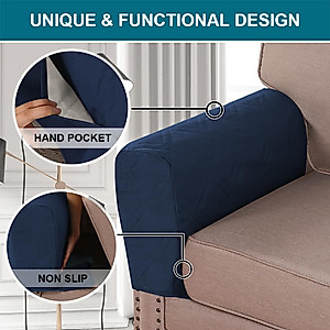 Turquoize Waterproof Armrest Covers for Chairs and Sofas Armrest Covers Couch Arm Covers for Sofa With Side Pocket Anti-Slip Furniture Protector Washable Armrest Slipcovers Set of 2, Navy
