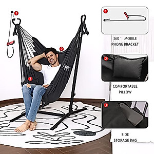 Hammock Chair with Stand and Foot pad Double Hammock Chair Bohemian Style with Tassel Mobile Phone Support manually Adjustable Swing Indoor and Outdoor Garden Porch Capacity 400 pounds