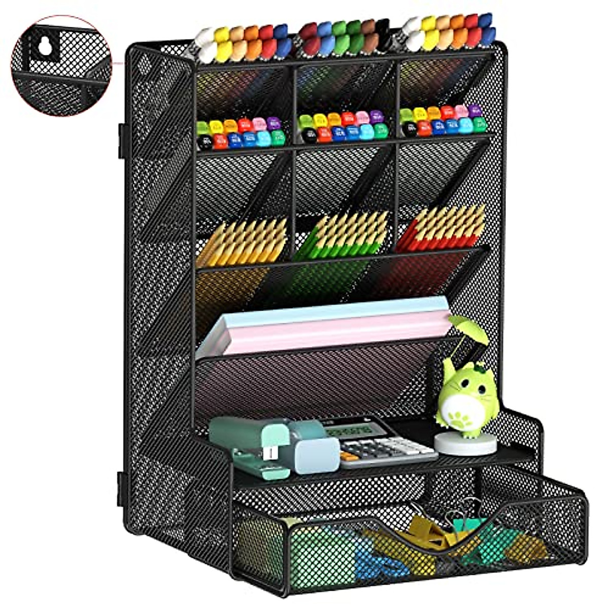 BOHDK Pen Organizer for Desk, Multi-Functional Desk Organizer, Wall Mount Pen Holder with Drawer for School, Office, Home, Art Supplies, Black