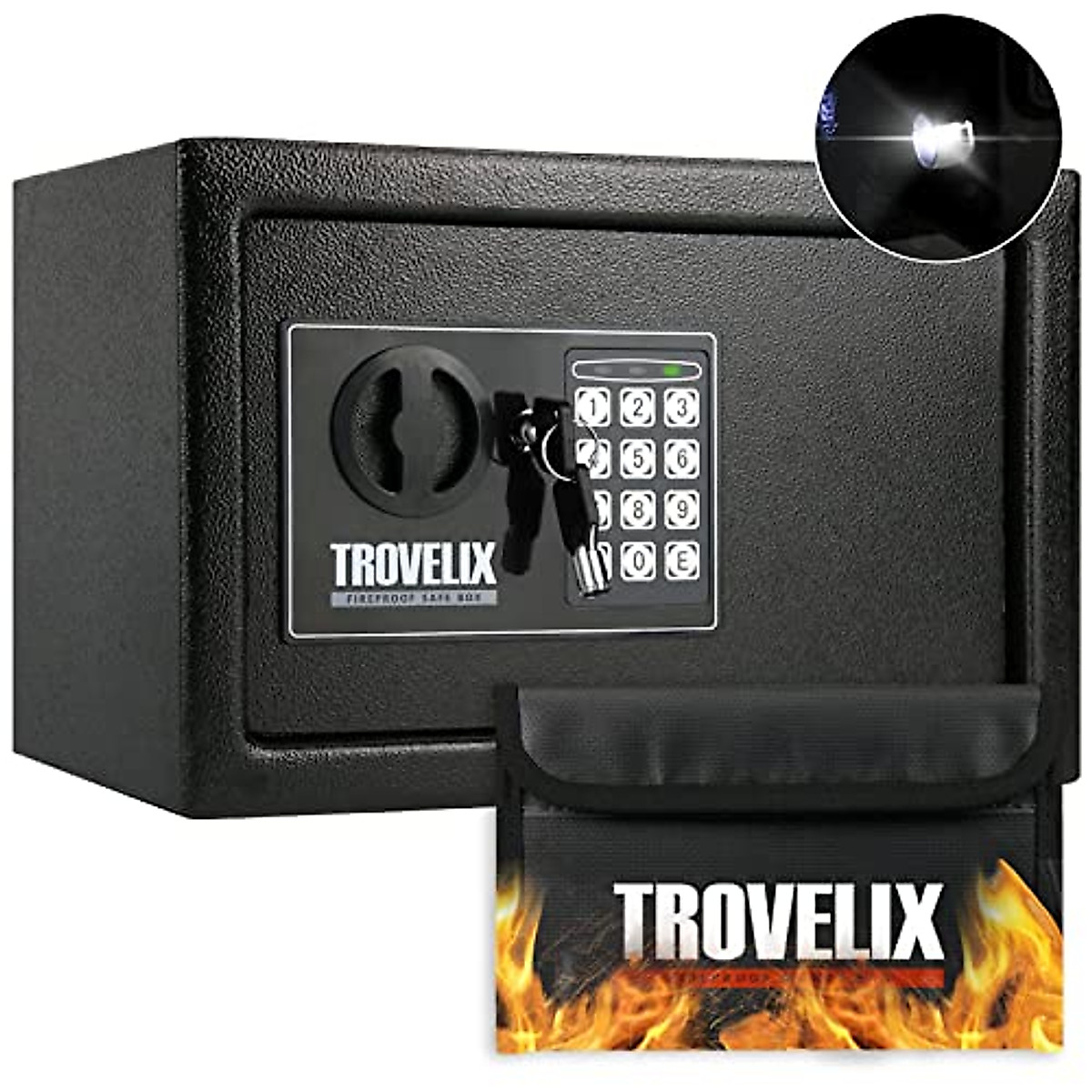 Trovelix Safe Box for Home Safe (0.4 Cubic Feet) with Fireproof Bag and Light, Fireproof Safe for Money Lock Box with Keypad and Key, Money Safe for Cash Saving, Personal Safe Box for Money