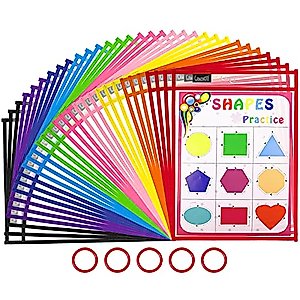 Gamenote Dry Erase Pockets 30 Pack with Rings - Oversized Reusable Plastic Sleeves Shop Ticket Holders Sheet Protectors Teacher Supplies for Classroom Organization (Colorful)