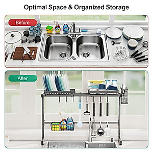 GSlife Over The Sink Dish Drying Rack - Adjustable (26.3"-35") Dish Rack Over Sink with Upper Dual Bars, 3 Baskets, Hooks, Cutlury Holder, Large Dish Drainer Drying Rack for Kitchen Sink, Black