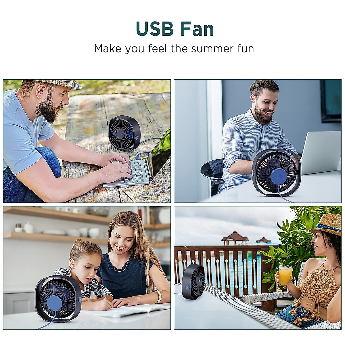 EasyAcc USB Desk Fan, 3 Speeds USB Fan [Lower Noise USB Powered ONLY&Powerful Desk Fan] USB Portable Powered Fan, 360°Rotatable Personal Table Fan Travel Fan for Desk Home Bedroom Office（No Battery）