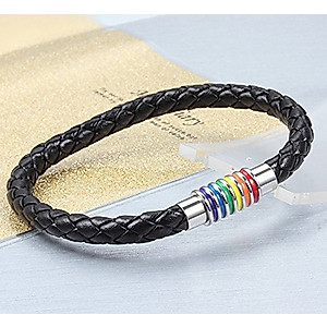 Nanafast Stainless Steel Rainbow Lesbian LGBT Pride Braided Bracelet Leather LGBTQ Pride Bracelets Wristband Weave Plaited Jewelry 2 Pack 7.48 Inches (Lesbian/Female)